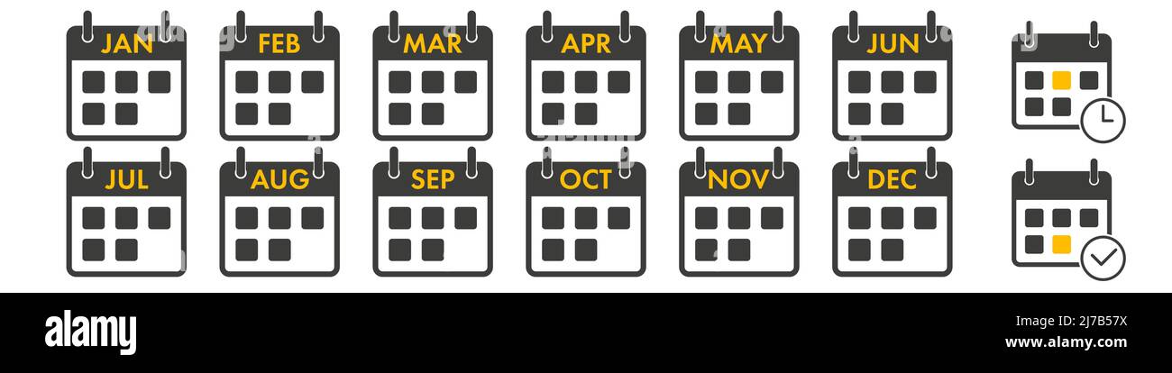 Yearly calendar icons set. All twelve months with names in abbreviated ...