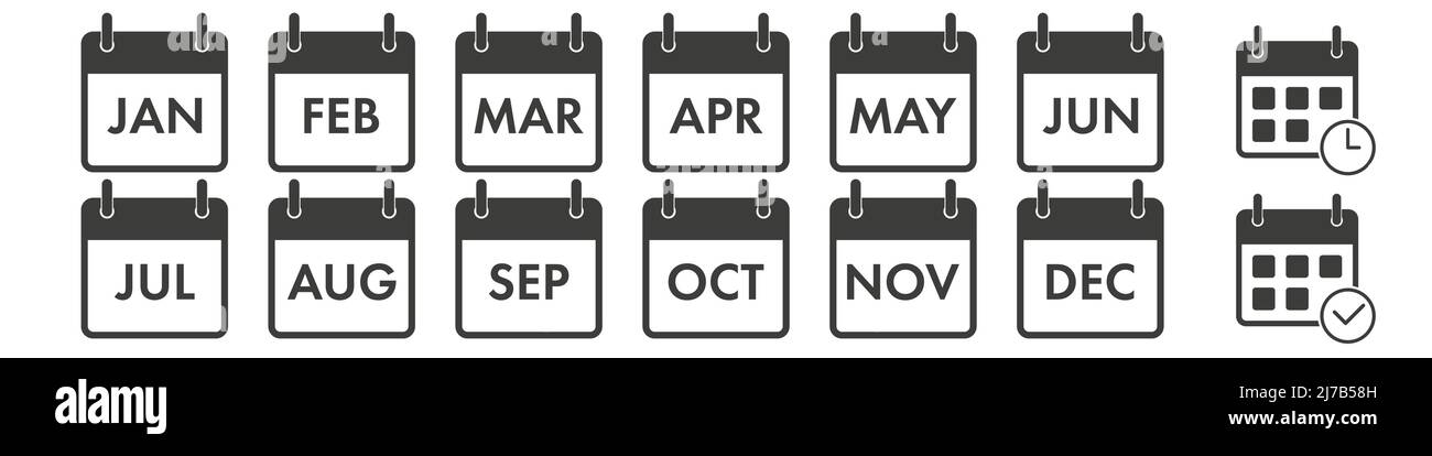 Yearly calendar icons set. All twelve months with names in abbreviated ...