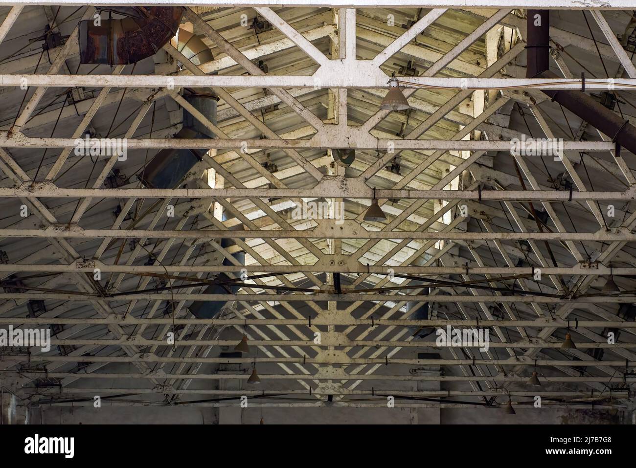 An abandoned steel frame structure automobile production workshop Stock ...