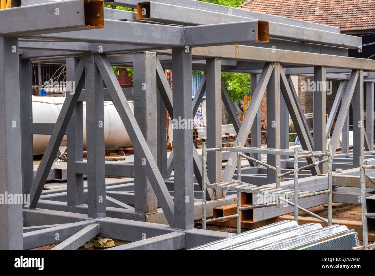 Close-up of brand new stainless steel structural steel frame in the ...