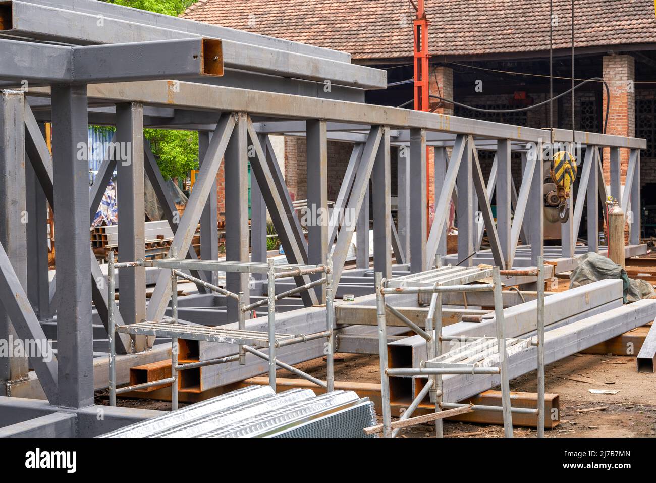 Close-up of brand new stainless steel structural steel frame in the ...