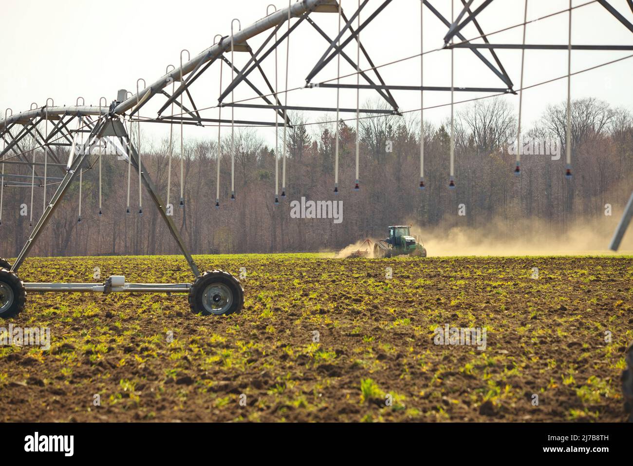 Typical agricultural scene tractor cultivation in field in clouds of ...