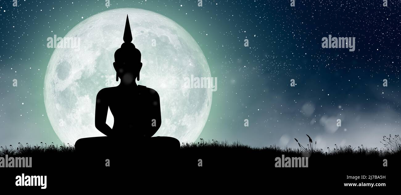 Silhouette of Buddha mediating with Full moon light at night. Magha ...