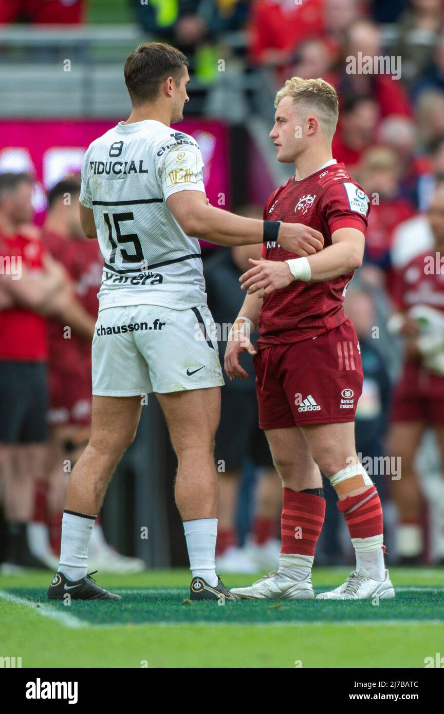Thomas Ramos of Toulouse and Craig Casey of Munster after the Heineken ...