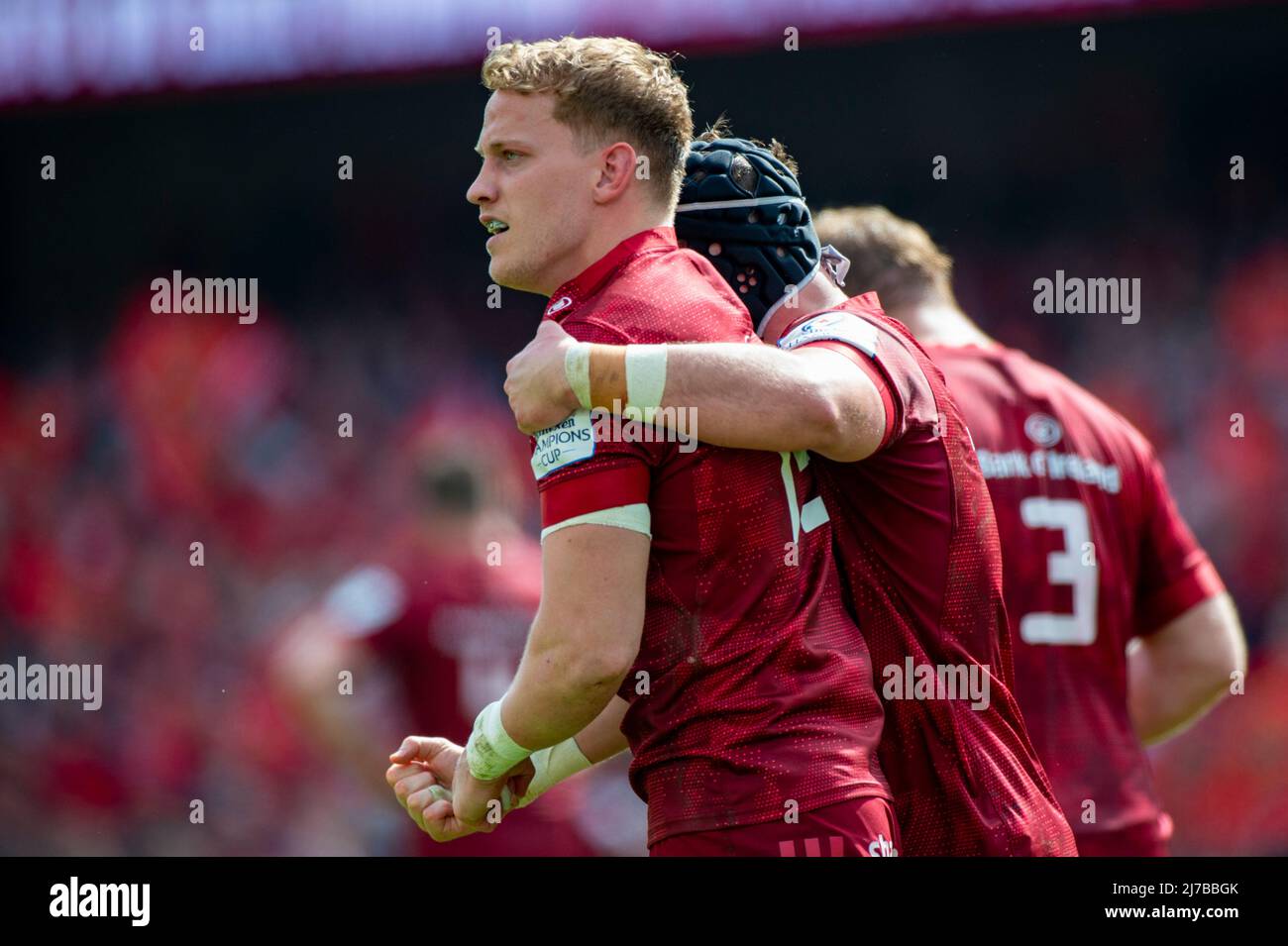 Mike Haley of Munster celebrates scoring during the Heineken Champions ...