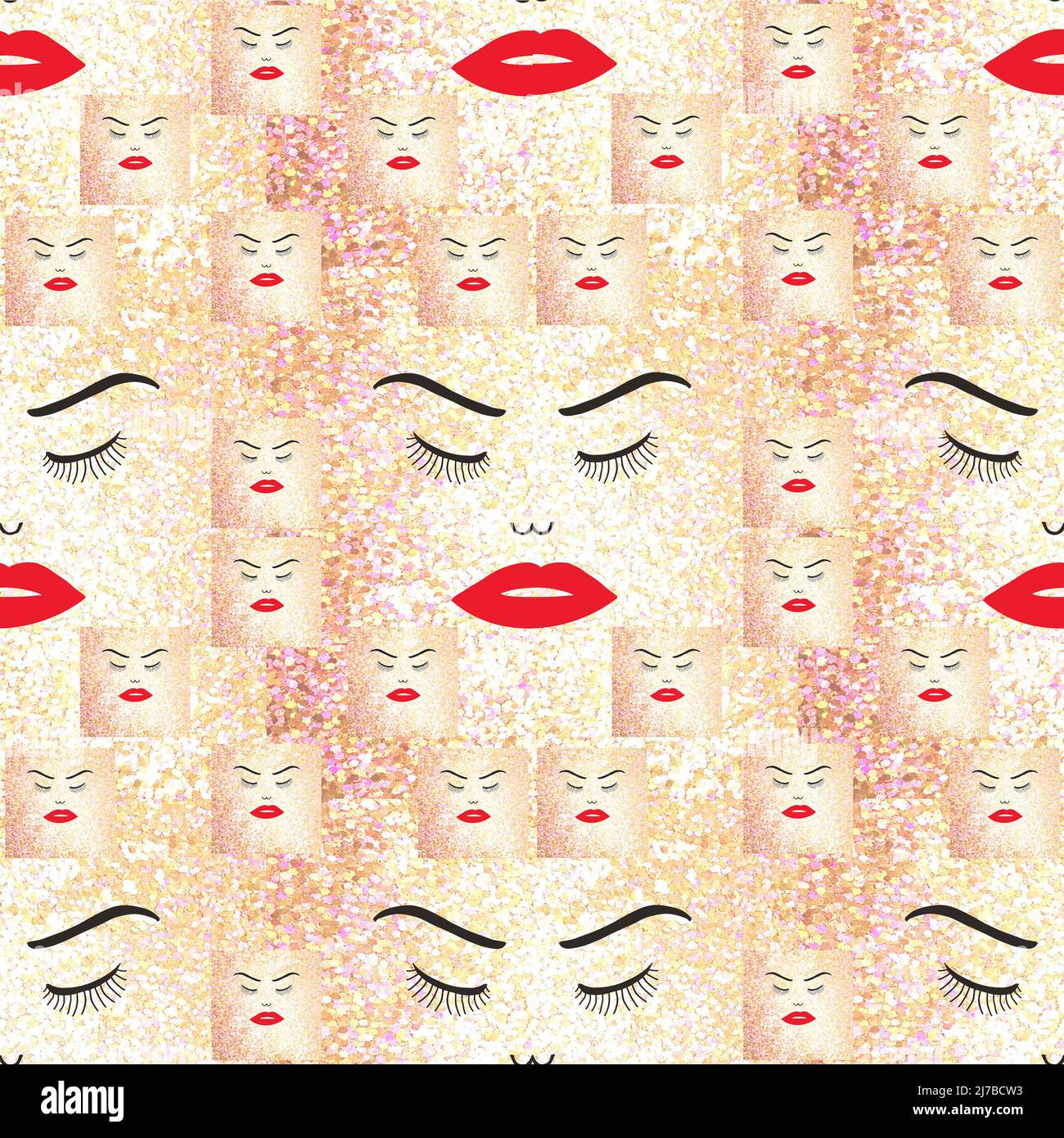 Hand drawn face features on a glittering golden background. Eyes and ...