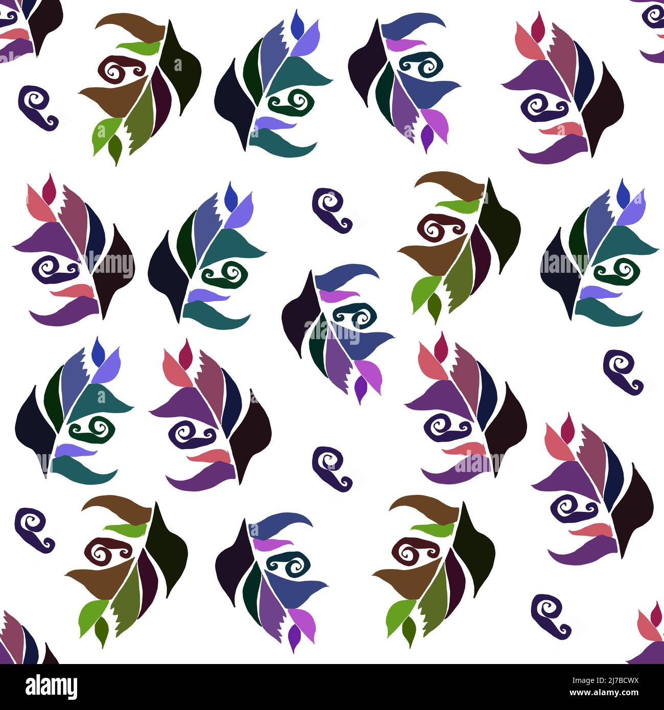 Hand drawn leaves and scrolls in colorful seamless repeating pattern on ...