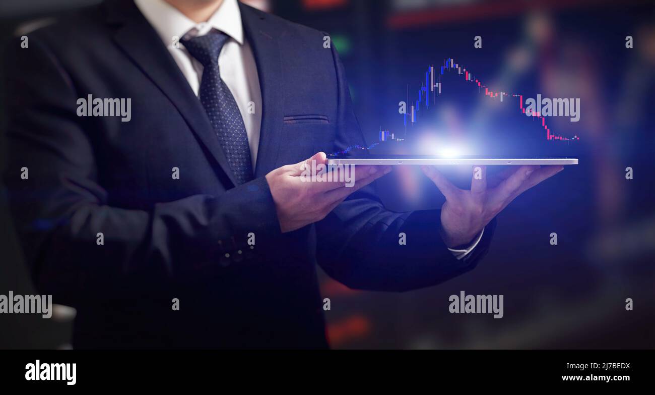 Development and growth business. man hand pointing line dot graph ...