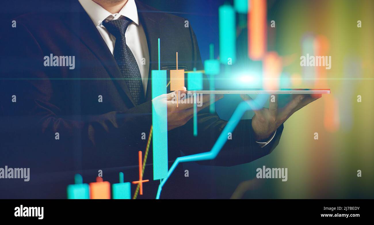 Development and growth business. man hand pointing line dot graph ...
