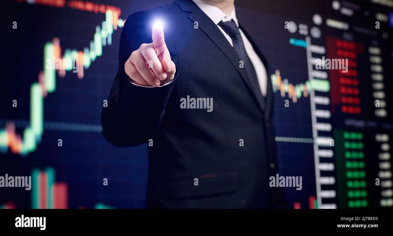 Development and growth business. man hand pointing line dot graph corporate future growth plan ...