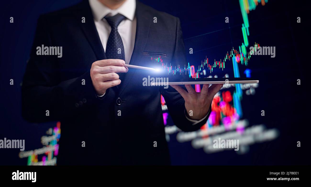 Development and growth business. man hand pointing line dot graph ...