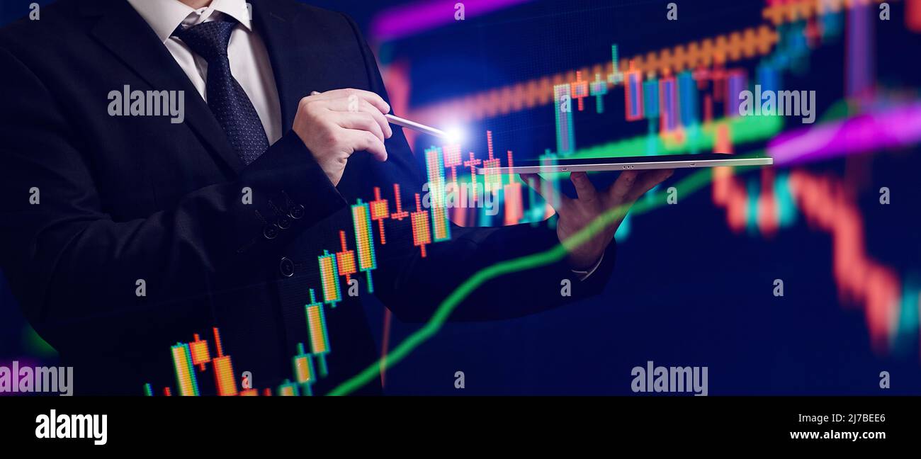 Development and growth business. man hand pointing line dot graph ...