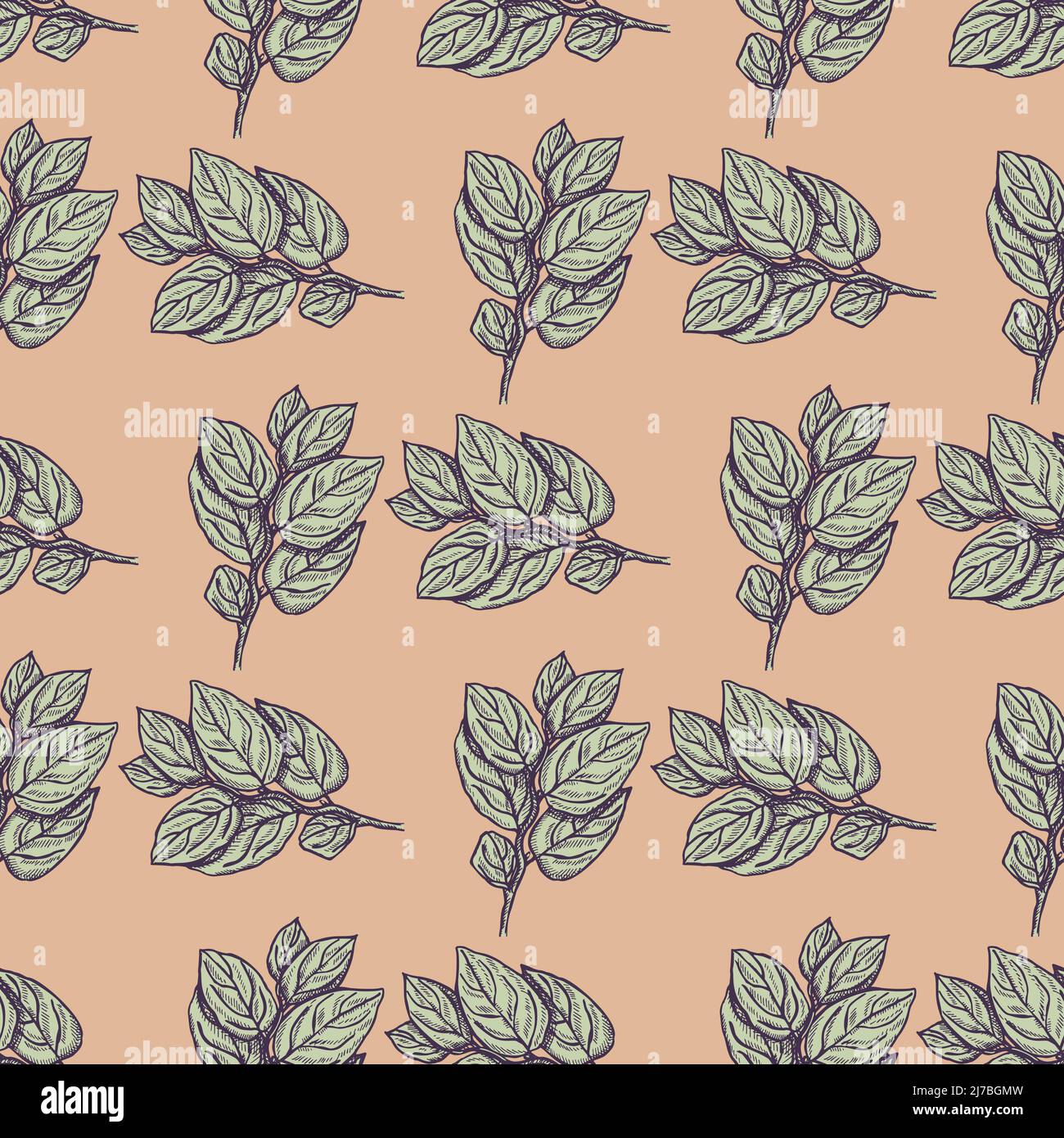 Seamless pattern engraved tree branches. Vintage background summer ...