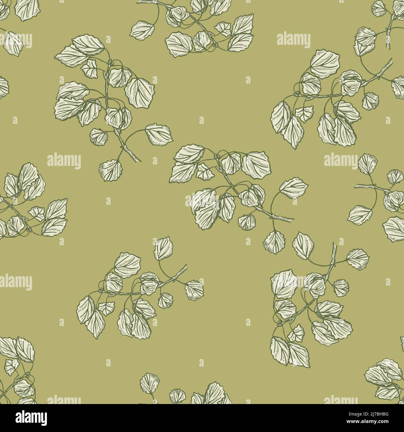 Seamless pattern engraved tree branches. Vintage background summer ...