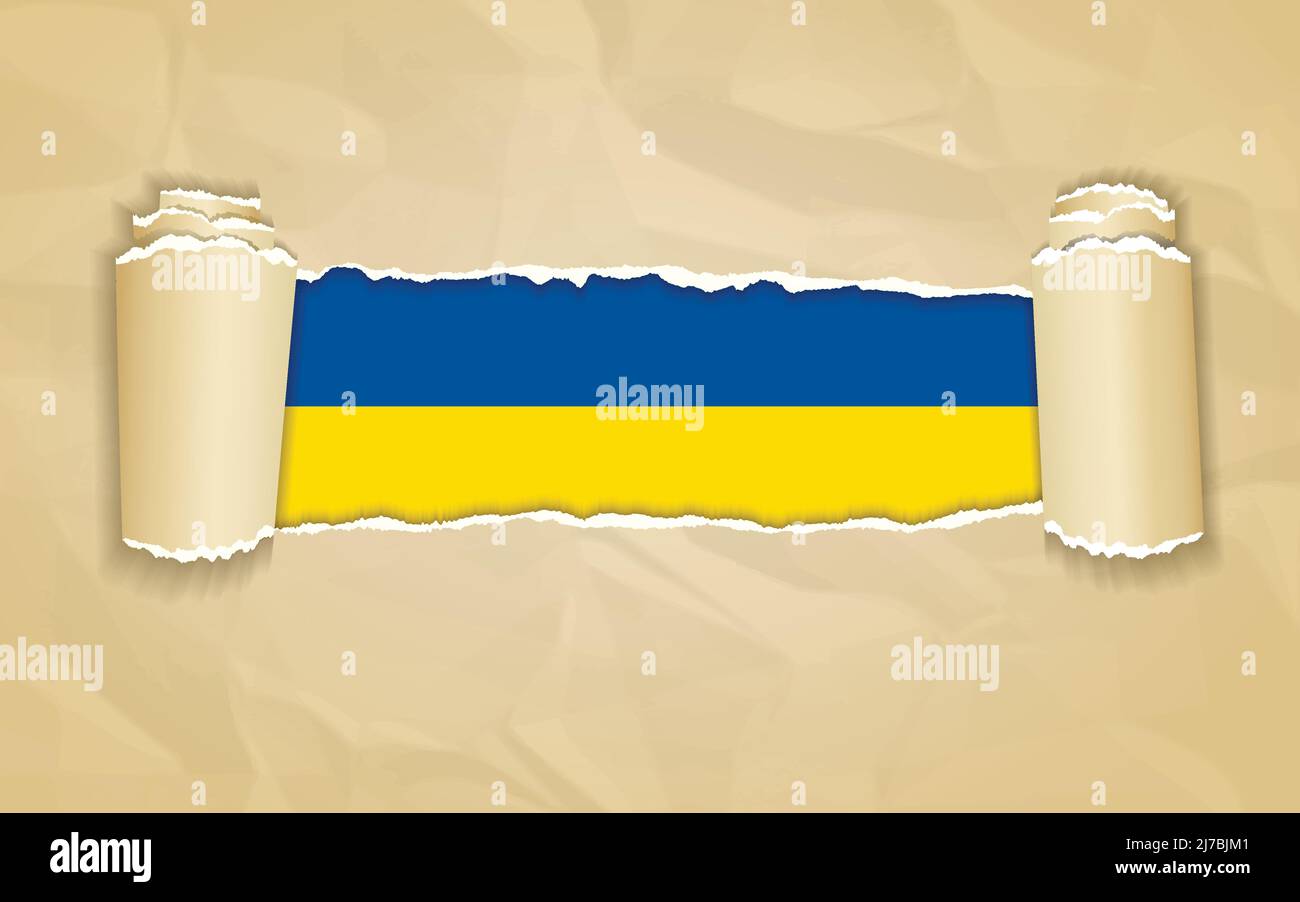 Ukrainian flag. Hole in crumpled paper with rolled sides and Ukrainian ...