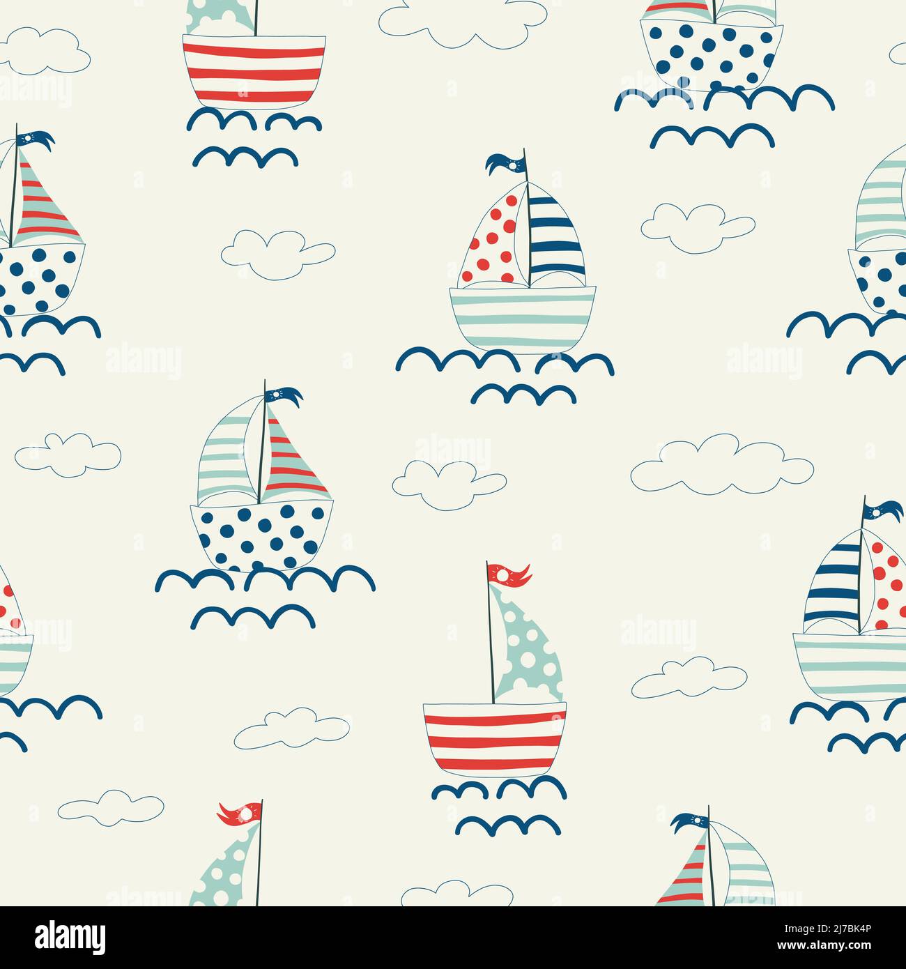 Vector color seamless repeating childish simple pattern with cute ships ...