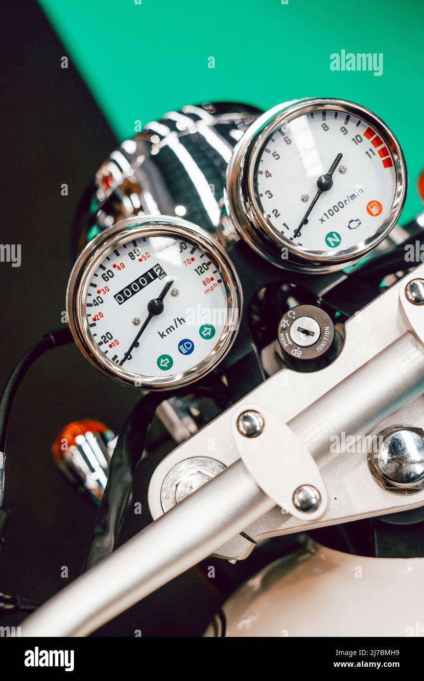 Detail of the speedometer on a motorbike from the rider's perspective ...
