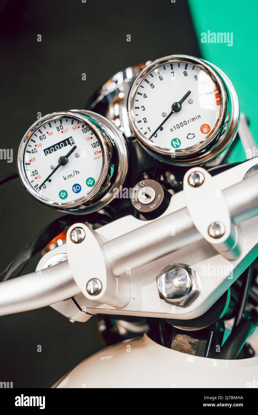 Detail of the speedometer on a motorbike from the rider's perspective ...