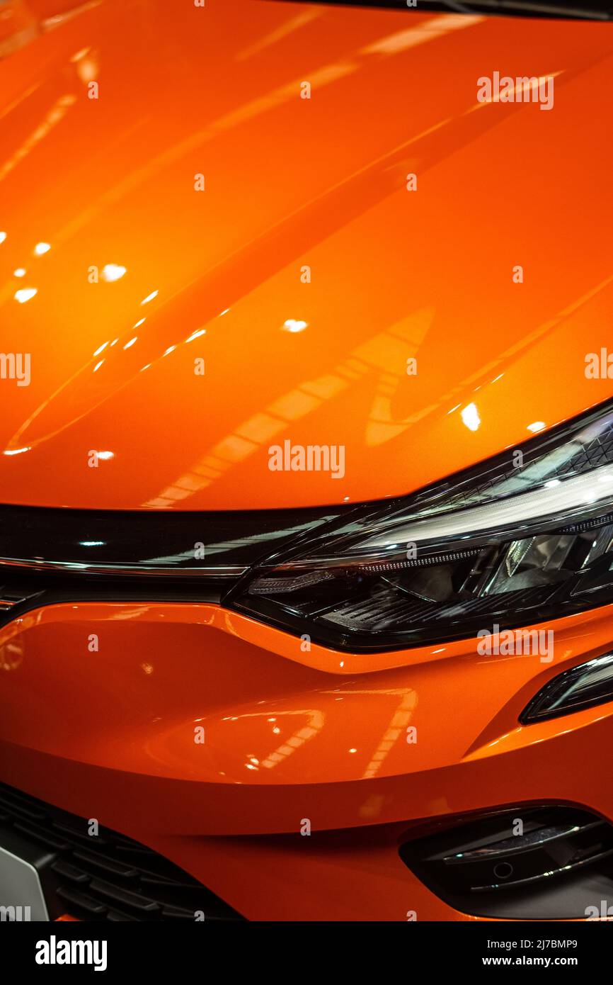 Detail of the front of a sports car with the hood and the lights Stock ...