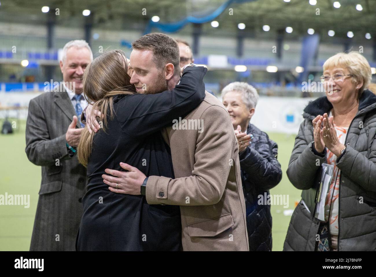DUP’s Gary Middleton is embraced by the wife Julie Middleton at ...