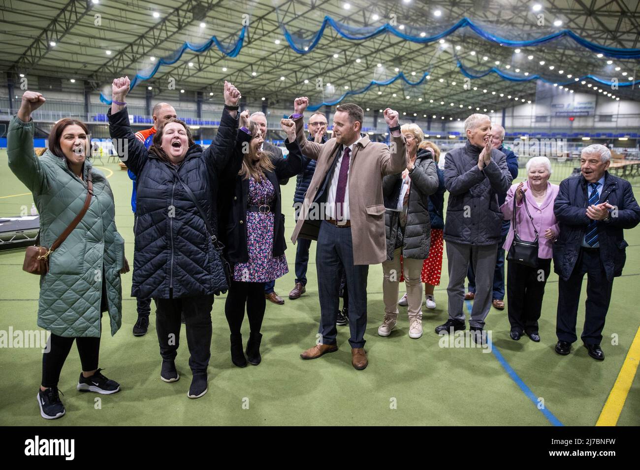 DUP’s Gary Middleton (centre) celebrates with supporters at Meadowlands ...