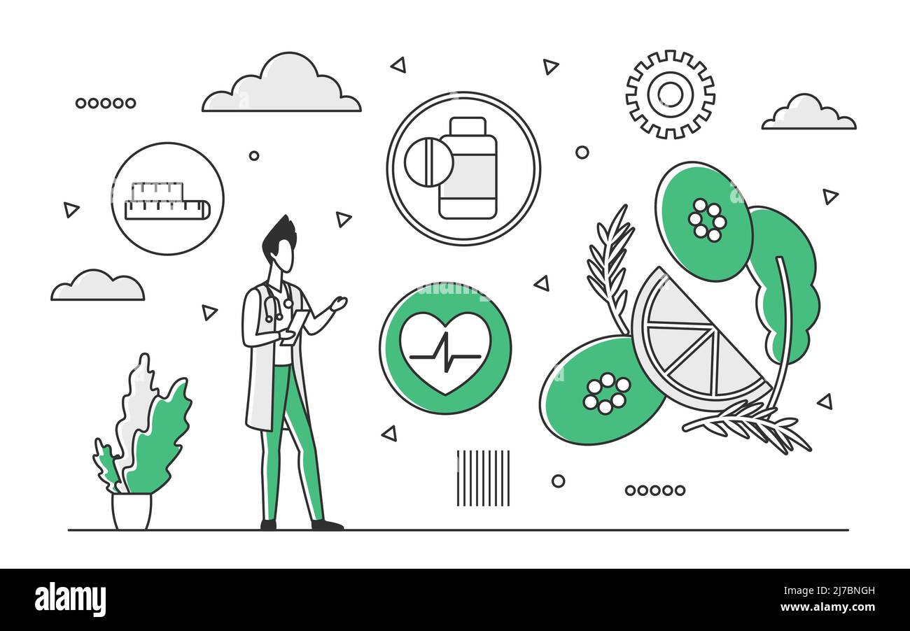 Healthy food consumption and balanced diet. Herb and nutritional ...