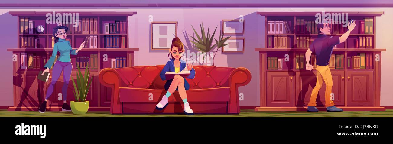 People read and choose book on shelves in library or store. Vector ...