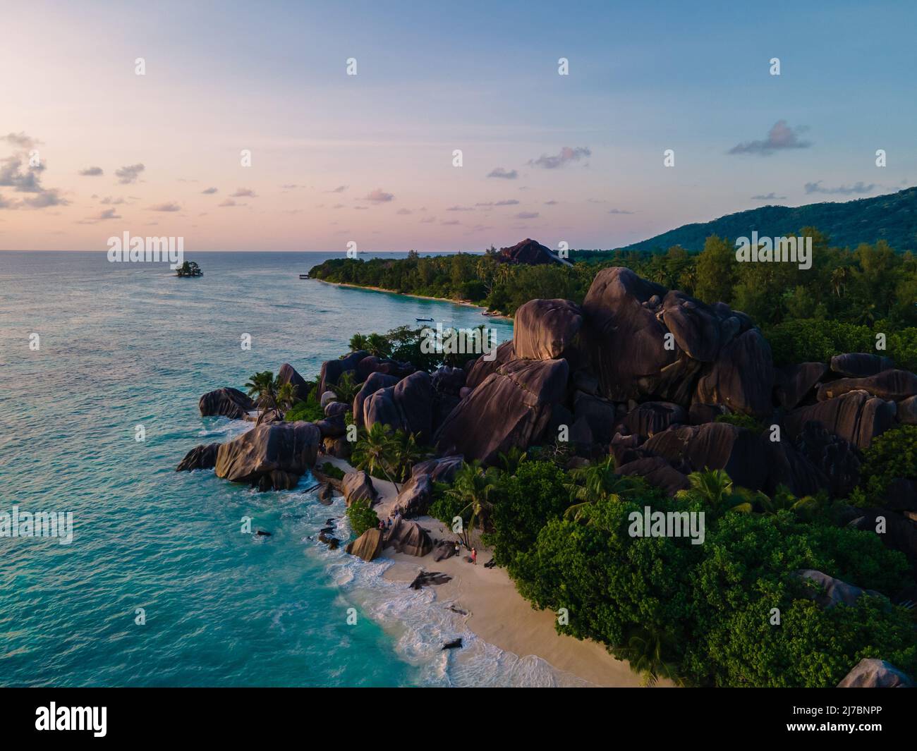 Anse Source d'Argent beach, La Digue Island, Seyshelles, Drone aerial ...