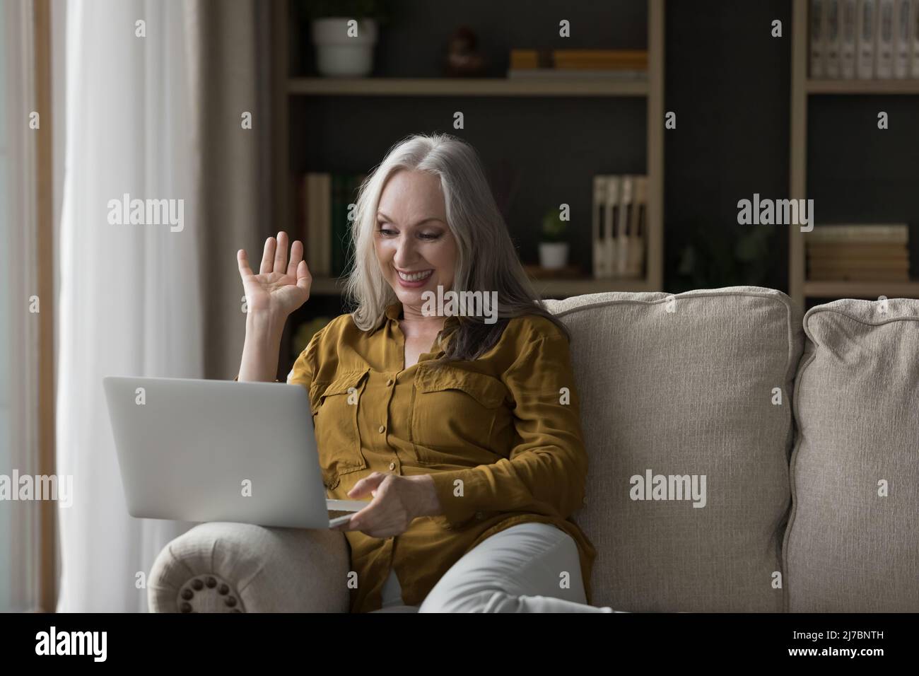 Joyful happy senior grandma making video call to family Stock Photo - Alamy