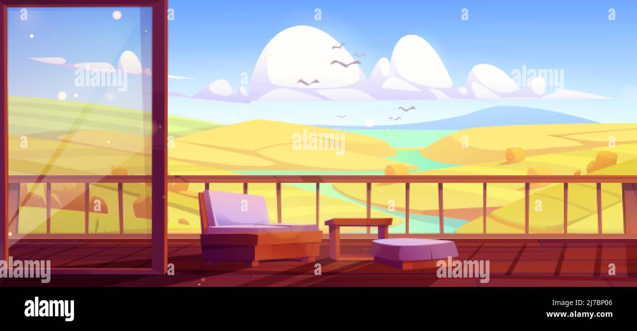 Wooden house terrace with autumn countryside view. Vector cartoon ...