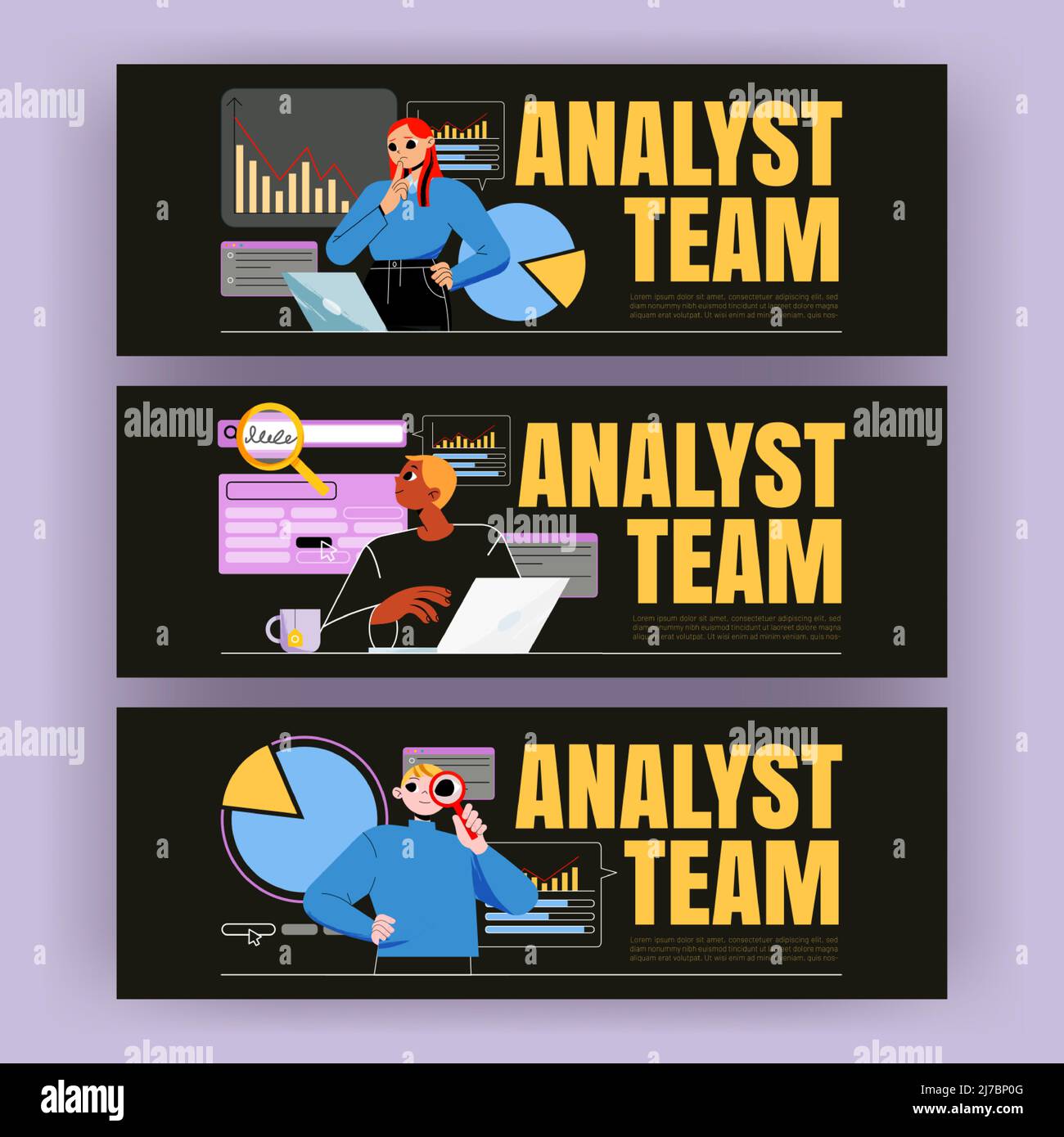 Analyst team banner with people work with data analysis, business and ...