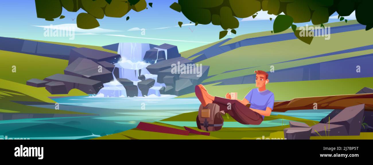 Man tourist relax at nature landscape with waterfall. Cartoon male ...
