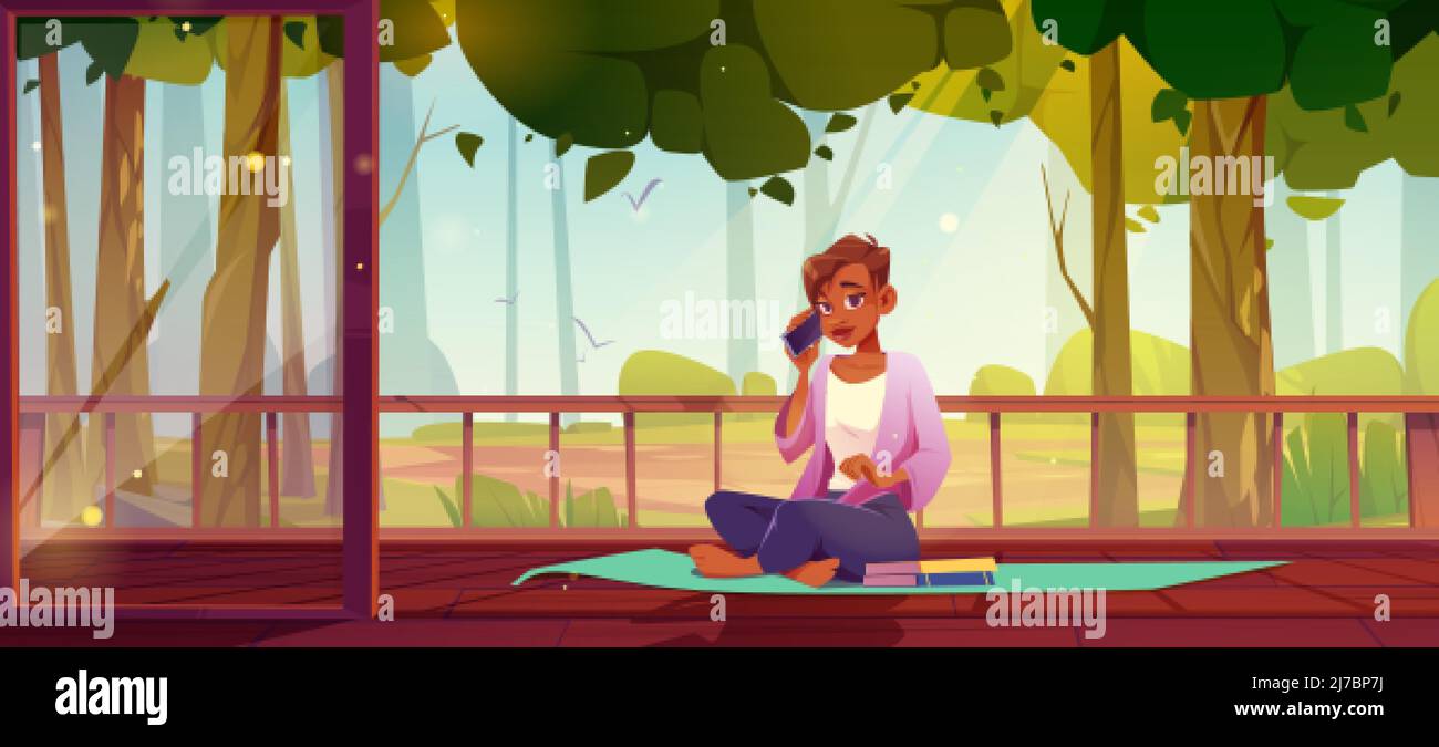 Girl rest on house terrace with view to forest or garden. Vector ...