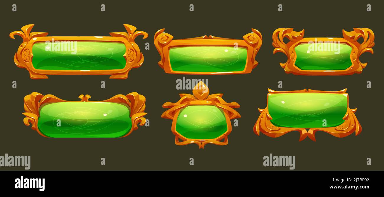 Game ui frames, green medieval borders with gold rims. Interface menu elements, buttons, banners ...