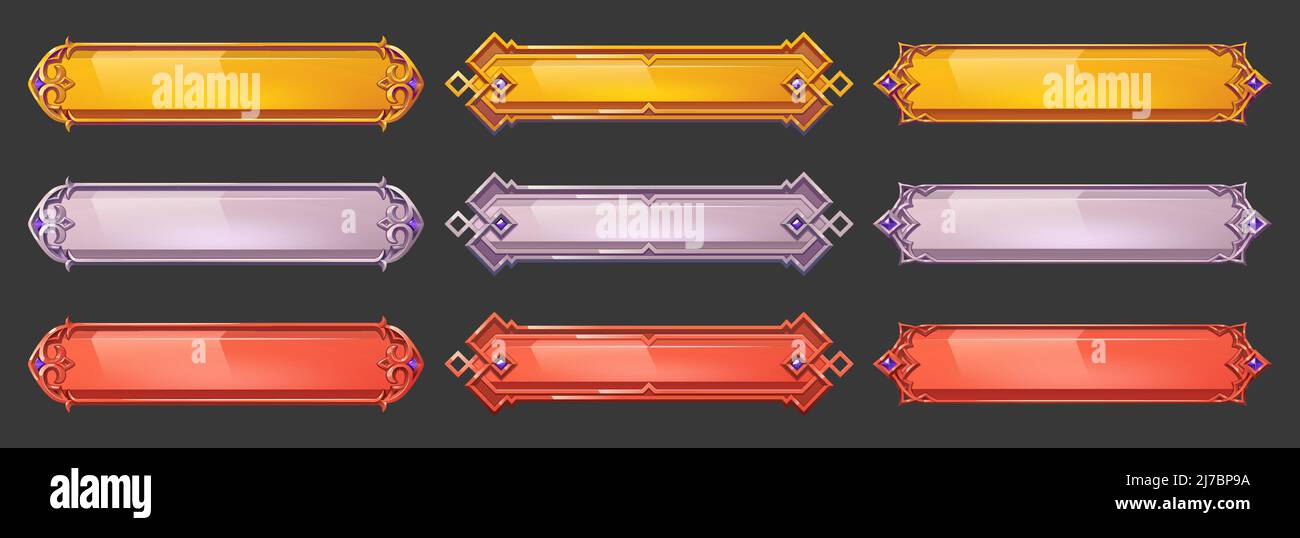 Medieval game menu frames, ui elements, buttons, gold, silver and red banners with ornate rims ...