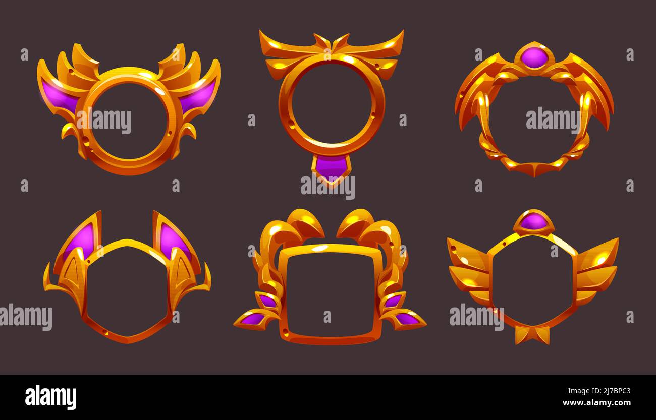 Ui game frames, gold textured round, square and hexagon borders with ...