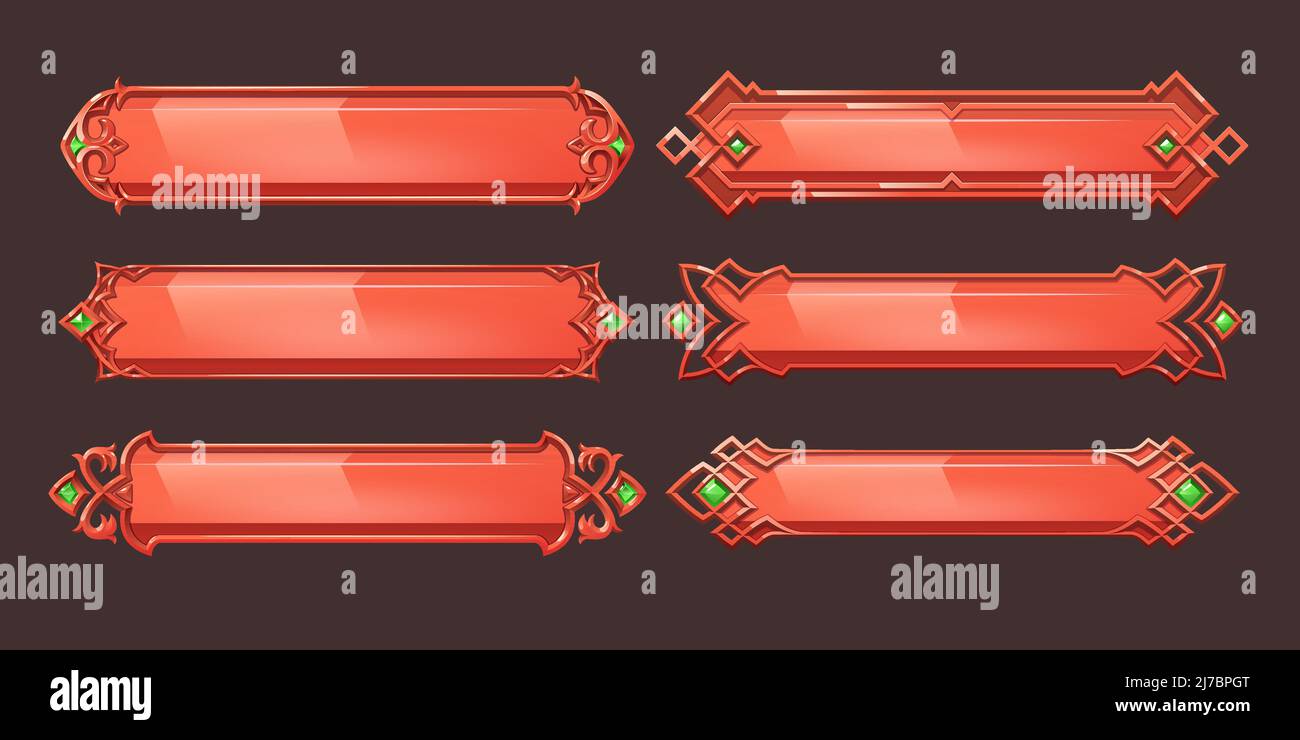 Red medieval ui game menu elements, buttons, banners with ornate rims and green gems. Empty ...