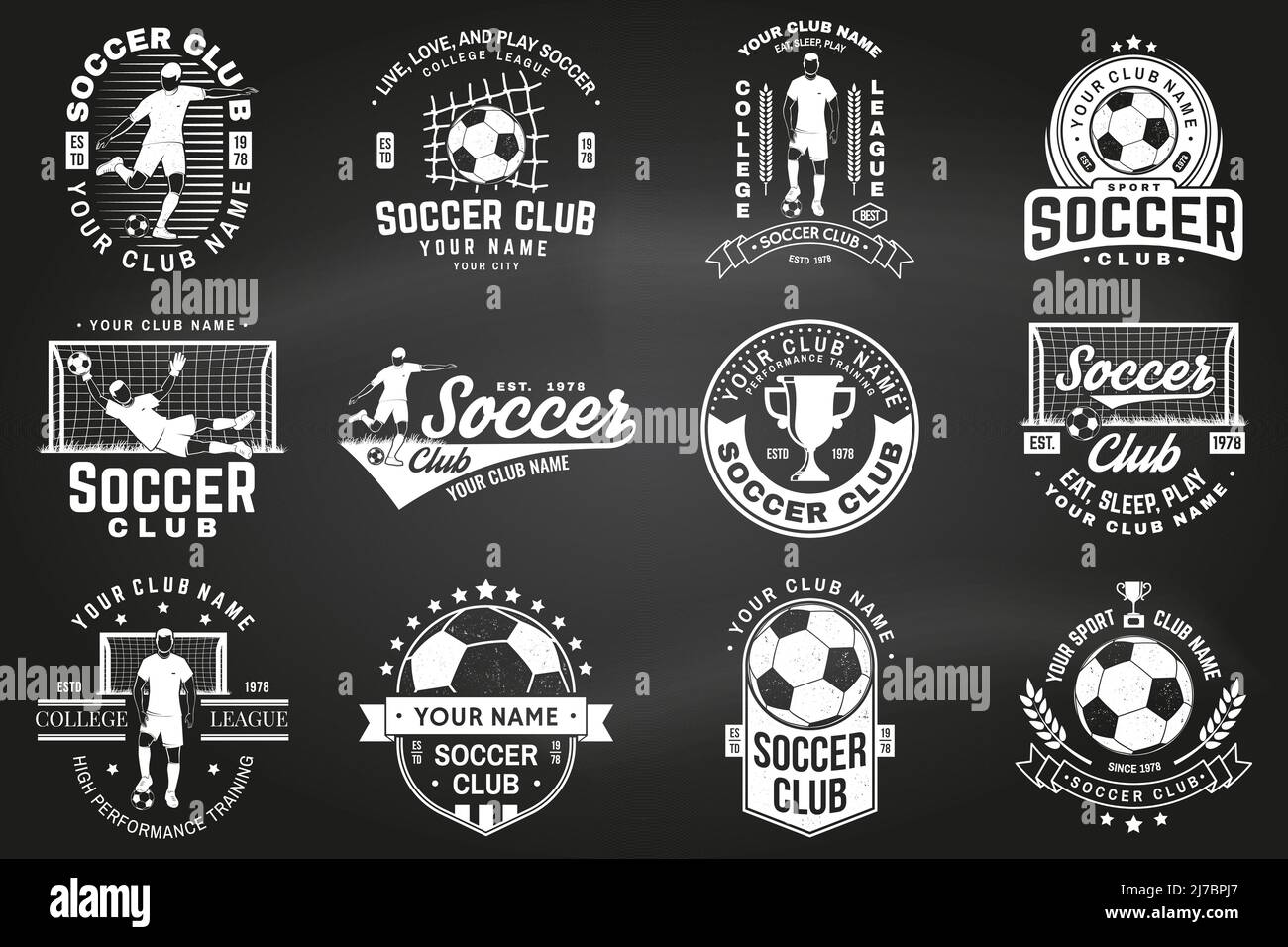 Set of soccer, football club badge design on chalkboard. Vector. For ...