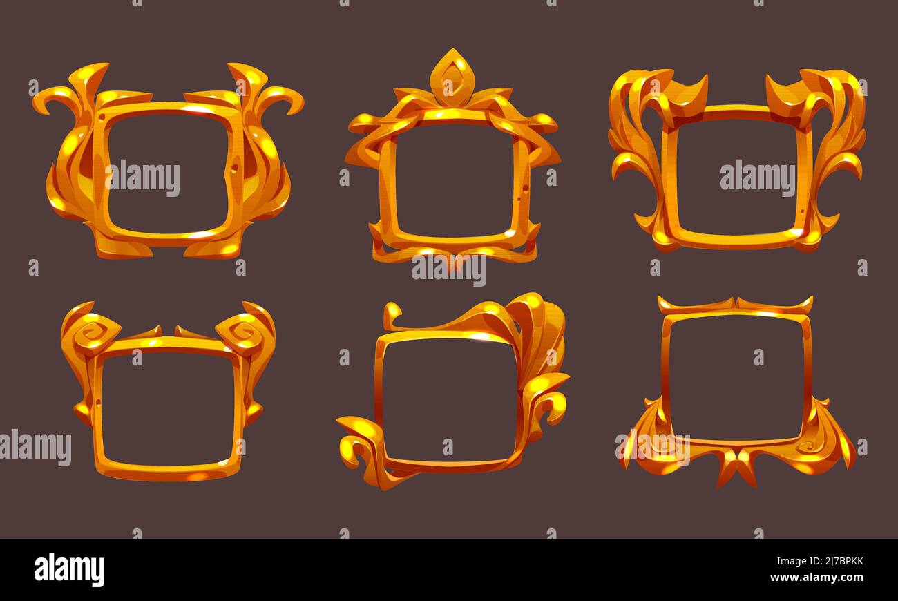 Square ui game frames, gold textured ornate rims with medieval decor ...