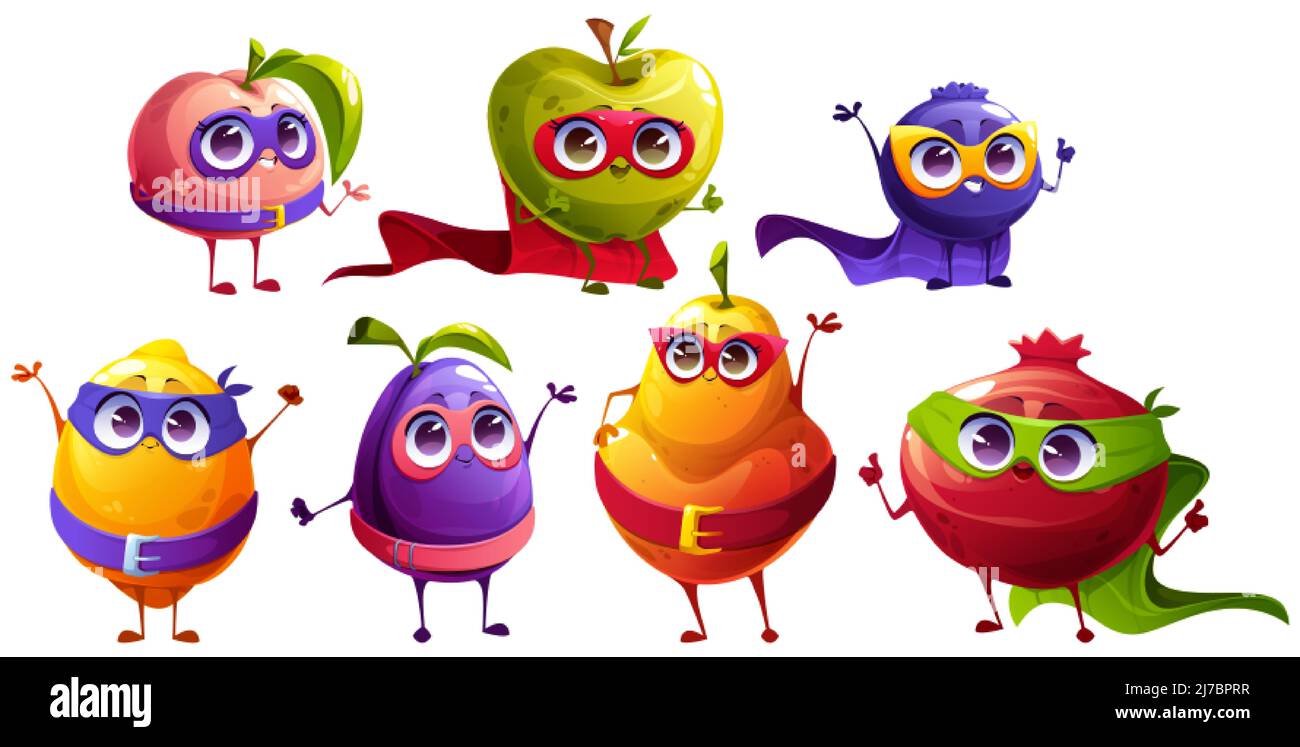 Funny fruit and berries superhero characters in mask and cape. Vector ...