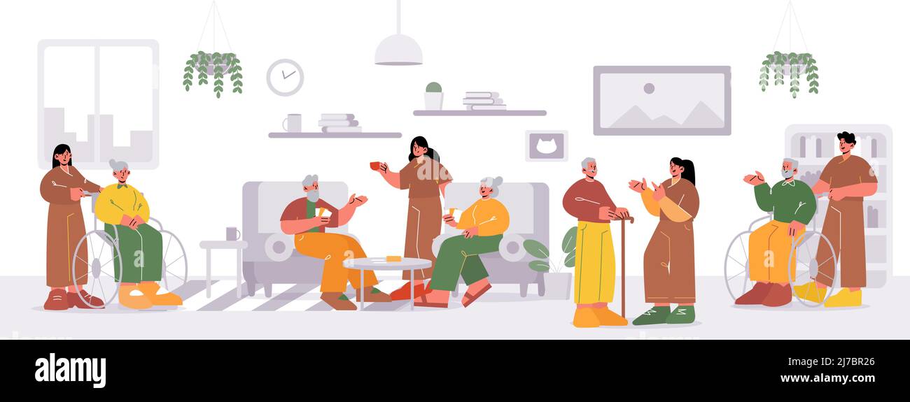 Seniors in nursing home or hospice, volunteers care of elderly ...