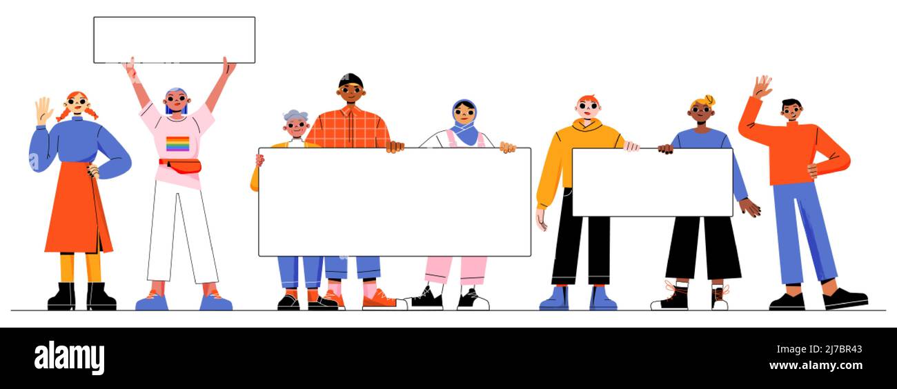Group of diverse people holding blank banners and placards. Concept of ...