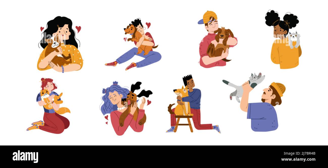 Pet owners hug dogs and cats. Vector flat illustration of happy women ...