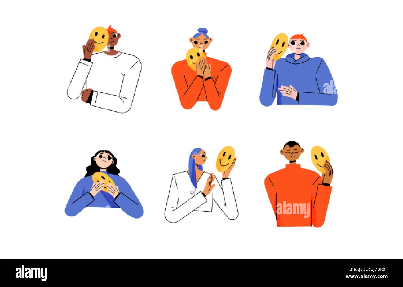 People with fake face mask hide real emotions. Vector flat illustration ...