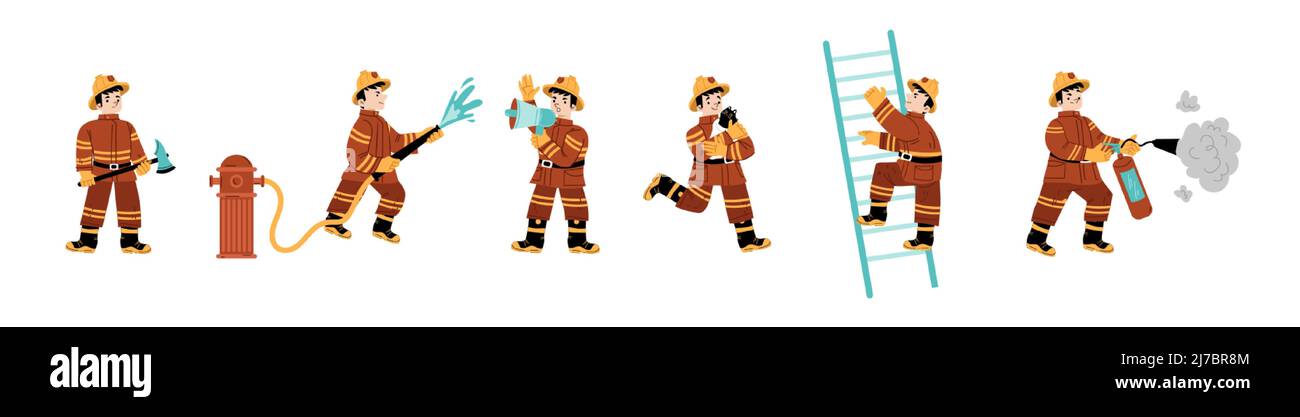 Set of fire fighters kid in uniform fighting with blaze. Boy fireman ...