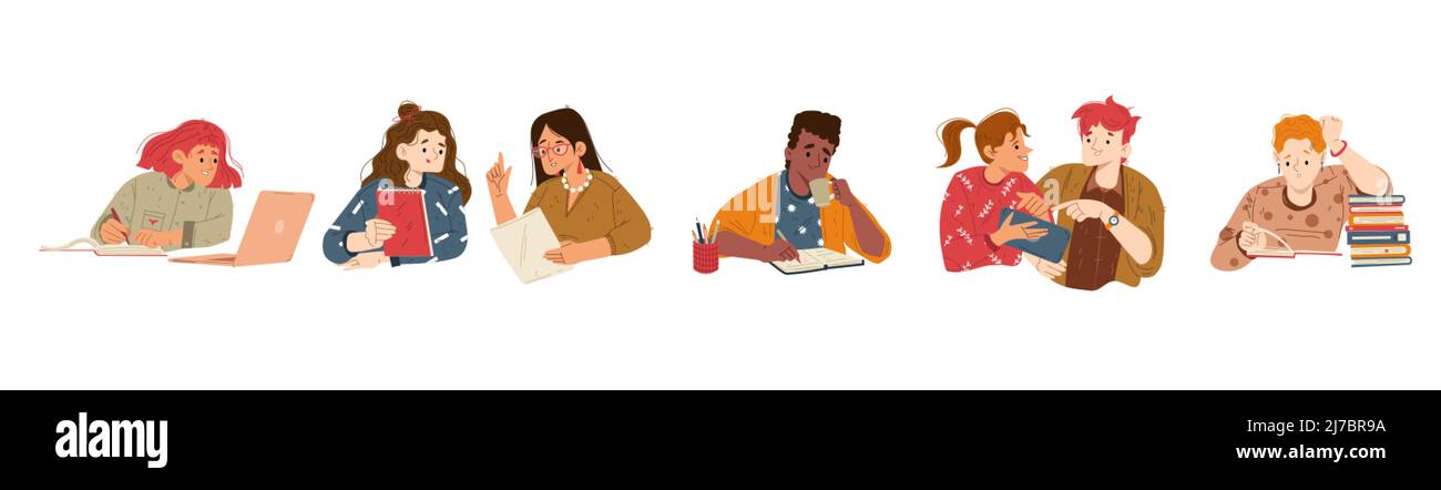 Students study with books and laptop, read and write together. Vector ...