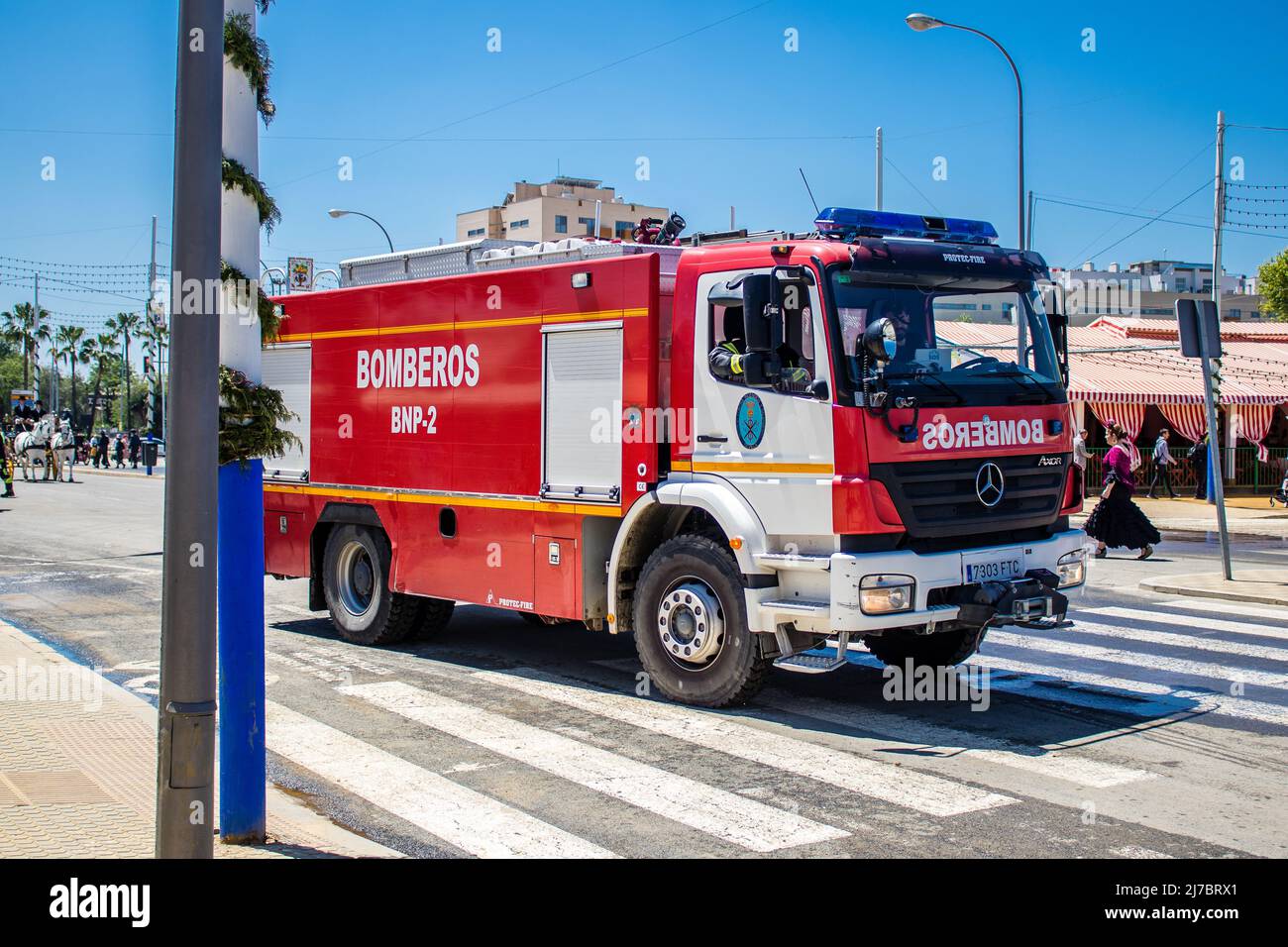Seville, Spain - May 05, 2022 Firefighter in intervention at Feria de ...
