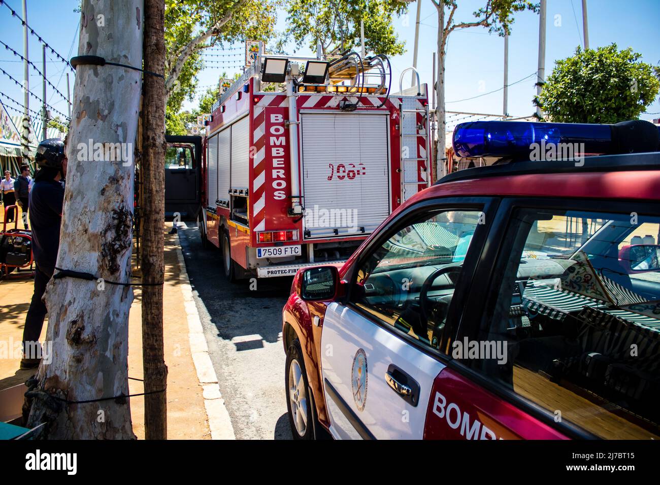 Seville, Spain - May 05, 2022 Firefighter in intervention at Feria de ...