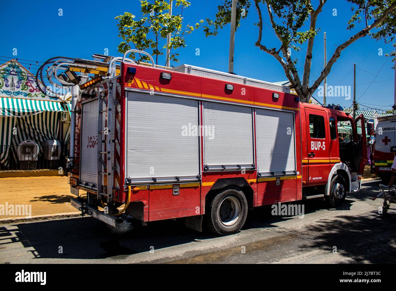 Seville, Spain - May 05, 2022 Firefighter in intervention at Feria de ...