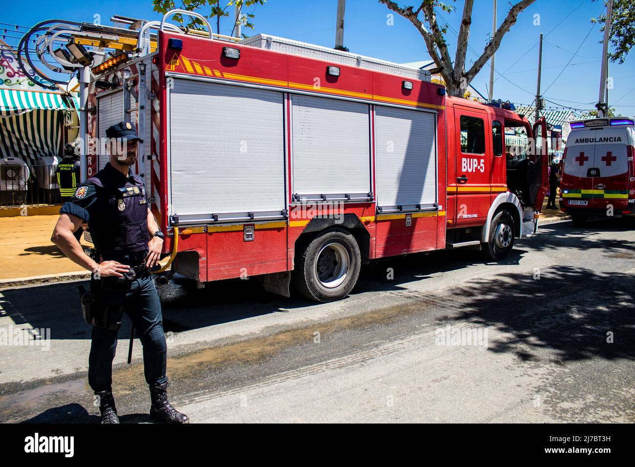 Seville, Spain - May 05, 2022 Firefighter in intervention at Feria de ...